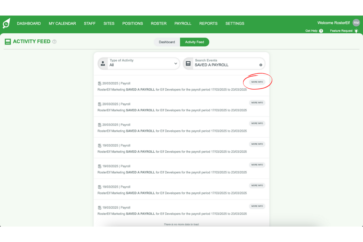 Activity feed (browser) | RosterElf Support