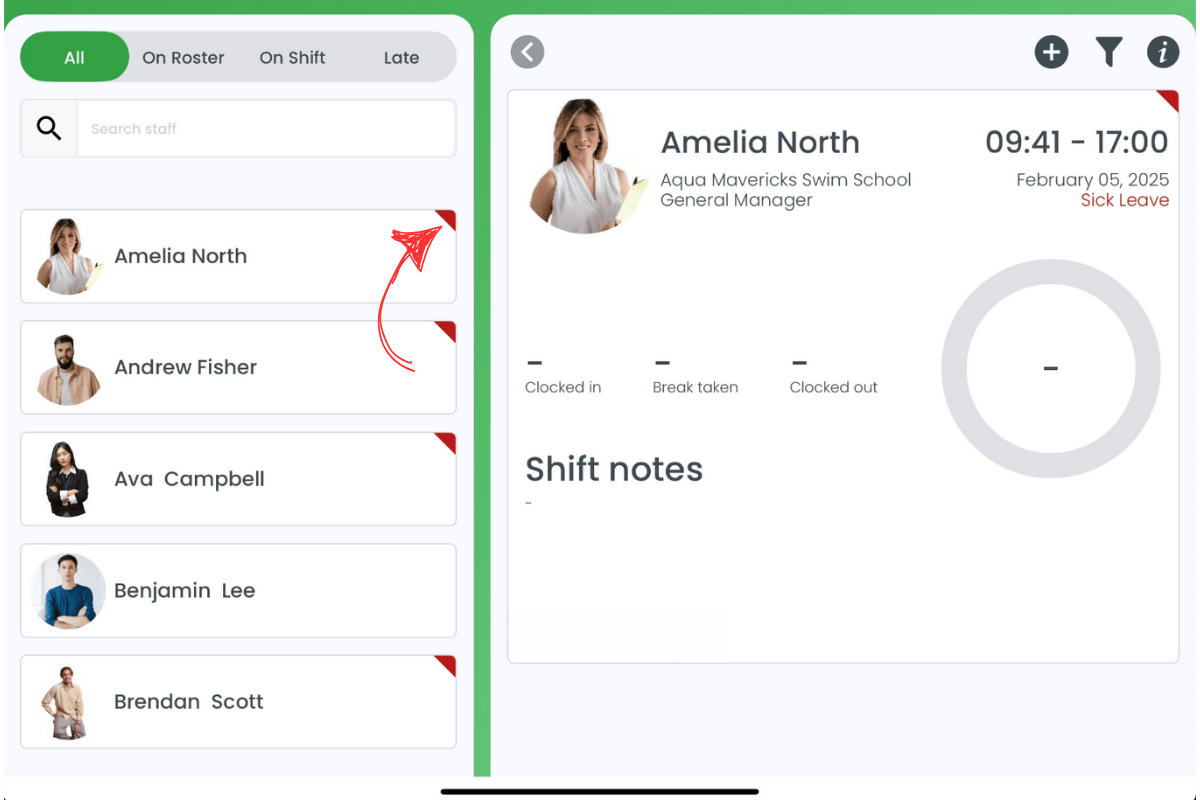Checking if staff are late for shift on the Time Clock app | RosterElf ...