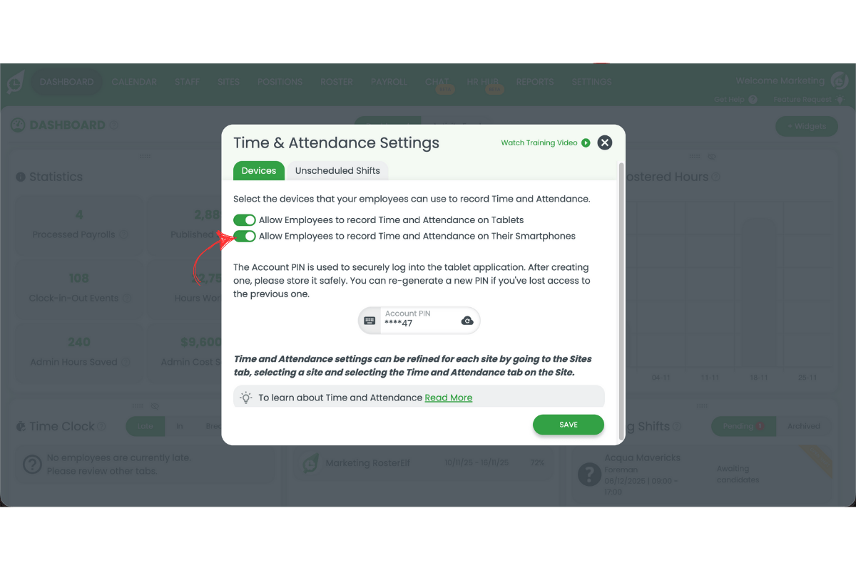 Enable live time clock in RosterElf smartphone app | RosterElf Support