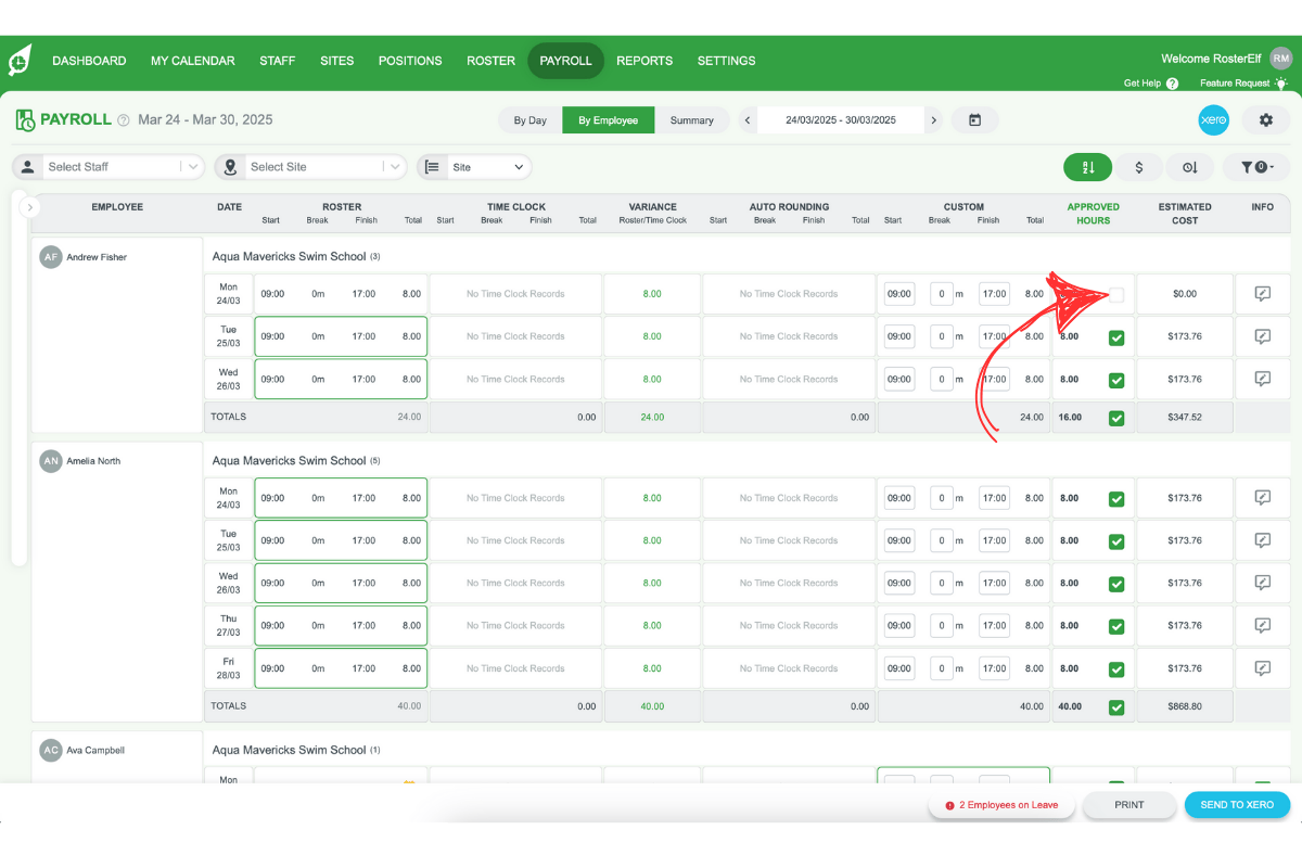 Excluding specific staff and shifts from timesheet export | RosterElf ...