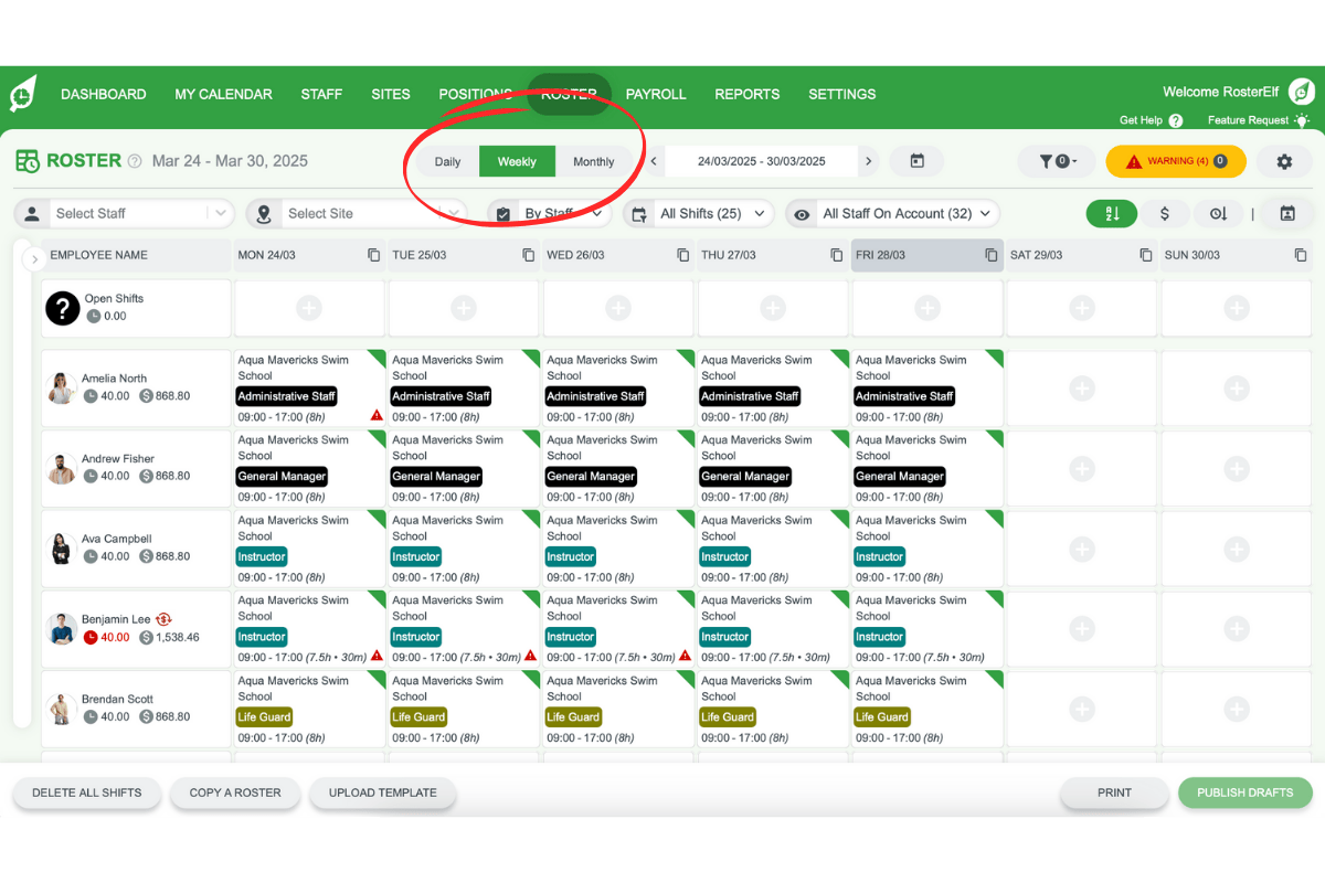 Review total rostered hours by employee | RosterElf Support